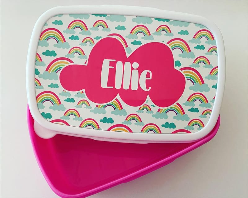 Personalised Rainbow themed lunch box / plastic food storage pot ...
